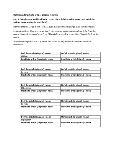 Definite and indefinite articles practice (Spanish) | Teaching Resources