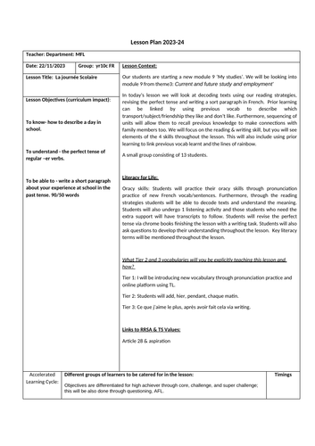 Year 10 Lesson observation + Lesson plan - La journee Scolaire ...