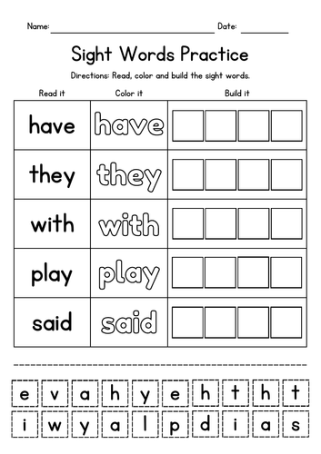 Sight Words Practice - Read, Color & Build - Cut & Paste Worksheets ...