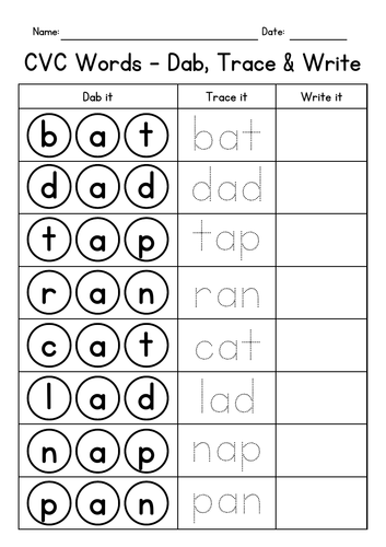 CVC Words Worksheets - Dab, Trace and Write - Fluency Practice ...
