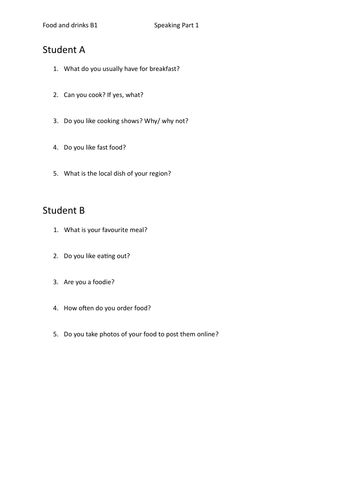Preliminary / PET/ B1 Speaking Exam - Food | Teaching Resources