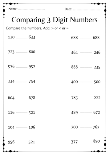 comparing 3-digit numbers activities math worksheet for kindergarten ...