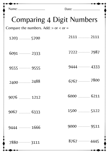Comparing 4 digit numbers activities math worksheet for kindergarten ...