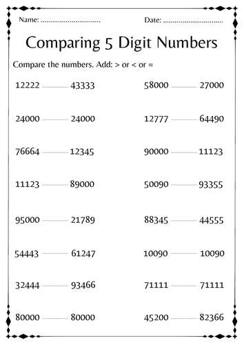 Comparing 5 digit numbers activities math worksheet for kindergarten ...