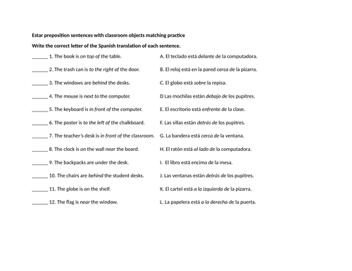 Estar preposition sentences with classroom objects matching practice ...