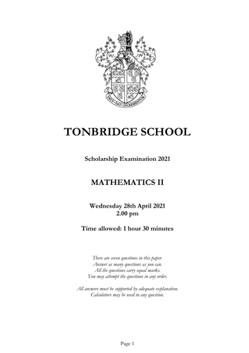 Tonbridge Scholarship Maths Paper 2 (2021) 13+ Y9 entry | Teaching Resources