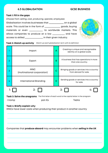 GCSE Business Globalisation Worksheet | Teaching Resources