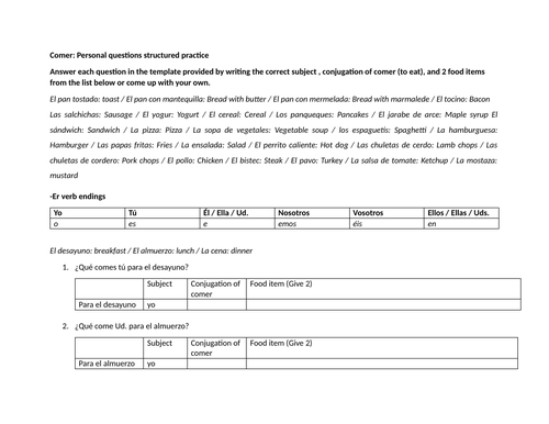 Comer: Personal questions structured practice | Teaching Resources