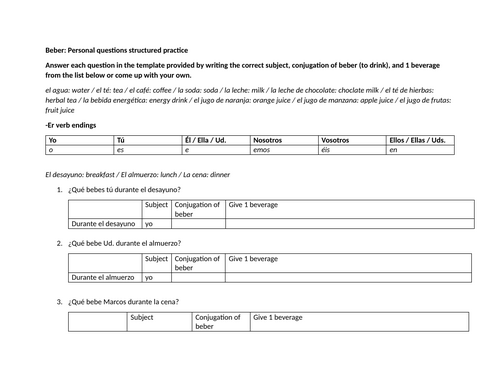 Beber: Personal questions structured practice | Teaching Resources