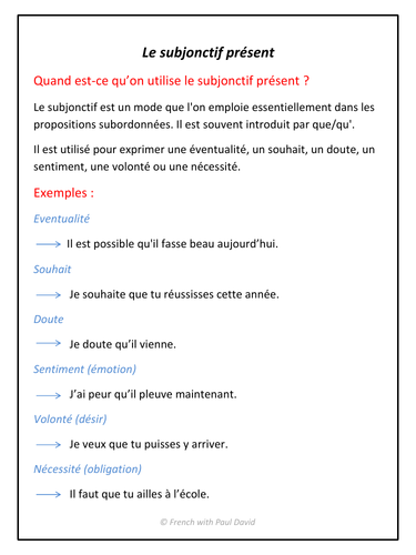 Le subjonctif présent - French subjunctive notes and exercises ...