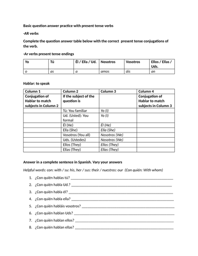 Basic question answer practice with present tense verbs | Teaching ...