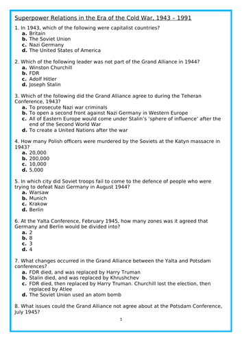 Superpowers and Cold War Revision 2 | Teaching Resources