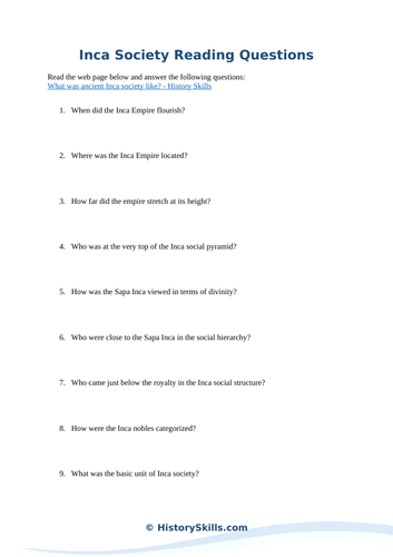 Inca Society Reading Questions Worksheet | Teaching Resources