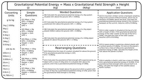 Gravitational Potential Energy Calculation Worksheet with Answers ...