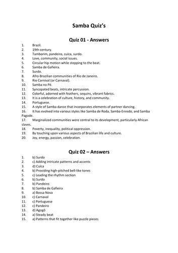 Samba Music (Cover Work Booklet) | Teaching Resources