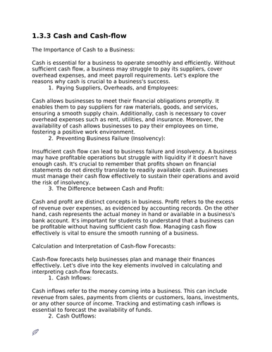 1.3.3 - Cash and Cash Flow (Revision Sheet) | Teaching Resources