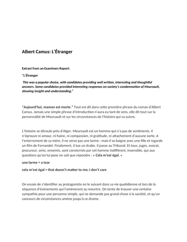 A Level French Revision Albert Camus' L'Etranger | Teaching Resources