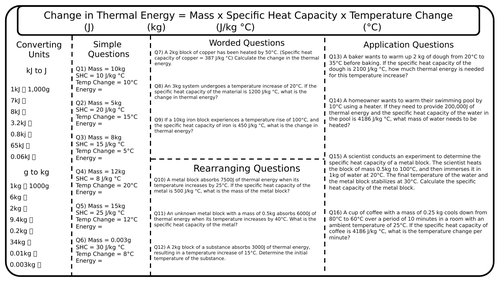 Change in Thermal Energy Calculation Worksheet with Answers - GCSE ...