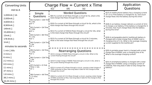 Charge Flow Calculation Worksheet with Answers - GCSE Physics Paper 1 ...