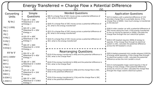 Energy and Charge Flow Calculation Worksheet with Answers - GCSE ...