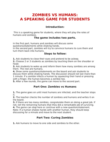 Zombies VS Humans (SPEAKING GAME) | Teaching Resources