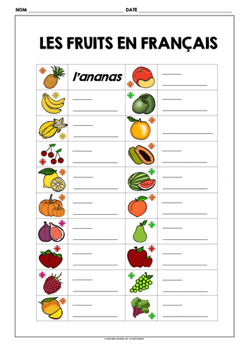 FRENCH FRUITS VISUAL VOCABULARY WORKSHEET FREEBIE | Teaching Resources