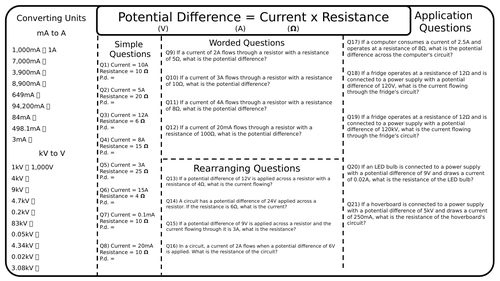 P.d., Current & Resistance Calculation Worksheet with Answers - GCSE ...
