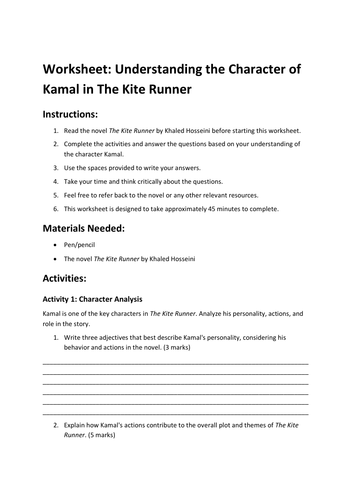 Worksheet: Understanding the Character of Kamal in The Kite Runner ...