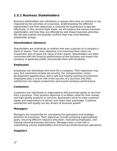 1.5.1 - Business Stakeholders (Revision Sheet) | Teaching Resources