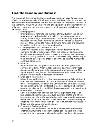 1.5.4 - Economics and Business (Revision Sheet) | Teaching Resources