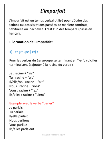 L'imparfait - Explications et exercices / French imparfait notes and ...