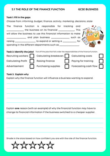 GCSE Business Role of the Finance Function Worksheet | Teaching Resources