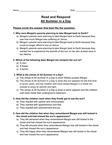 All Summer in a Day - Grade 6 HMH into Reading | Teaching Resources