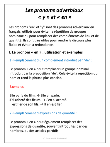 Les pronoms adverbiaux Y et EN - French Pronouns Y and EN | Teaching ...