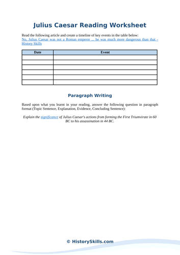 Julius Caesar Reading Worksheet | Teaching Resources