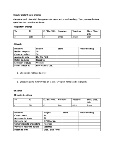 Regular preterit rapid practice | Teaching Resources