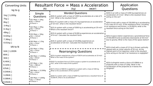Resultant Force Calculation Worksheet with Answers - GCSE Physics Paper ...