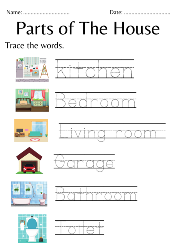 Matching parts of the house worksheet for kindergarten - Trace parts of ...