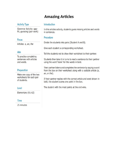 ARTICLES - A-AN-THE | Teaching Resources