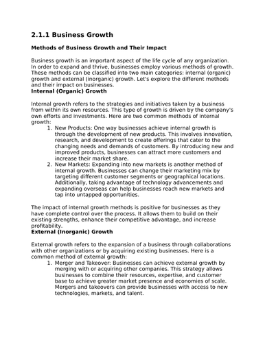 2.1.1 - Business Growth (Revision Sheet) | Teaching Resources