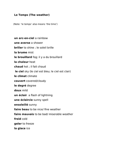 GCSE French revision sheet - the weather | Teaching Resources