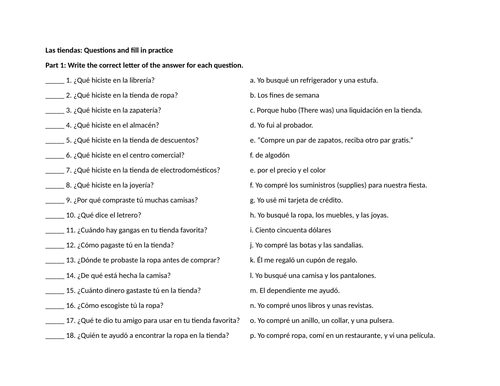 Las tiendas Questions and fill in practice | Teaching Resources