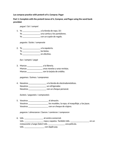 Las compras practice with preterit of Ir, Comprar, Pagar | Teaching ...