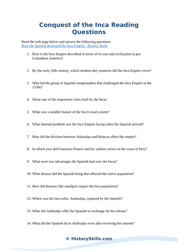 Conquest of the Inca Reading Questions Worksheet | Teaching Resources