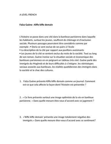 A Level French revision "Kiffe Kiffe Demain" | Teaching Resources