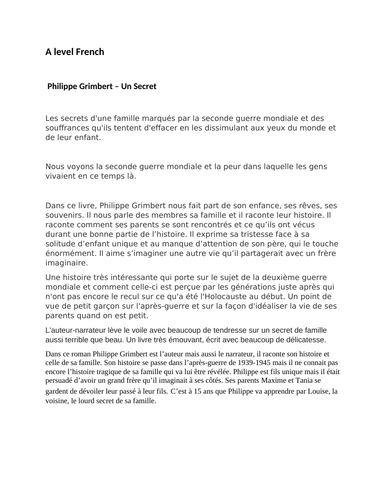 A LEVEL FRENCH revision notes on "Un Secret" | Teaching Resources