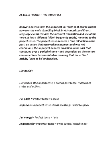 A Level French revision of the imperfect tense (past tense) | Teaching ...