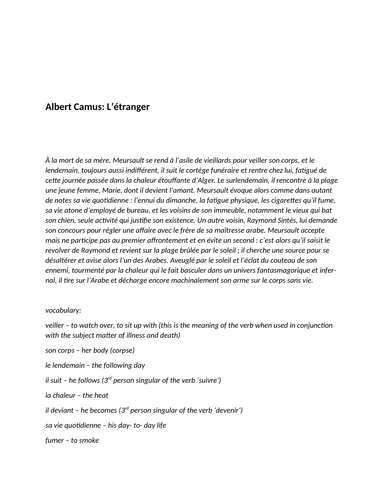 A LEVEL FRENCH revision notes L'ETRANGER -ALBERT CAMUS | Teaching Resources