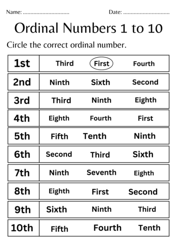 Ordinal numbers 1 to 10 worksheet for kindergarten - Writing ordinal ...