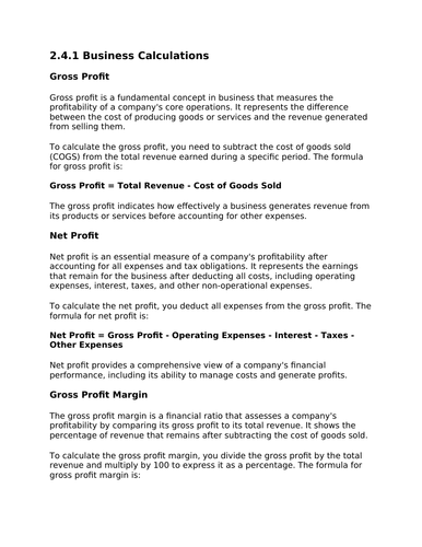 2.4.1 - Business Calculations (Revision Sheet) | Teaching Resources
